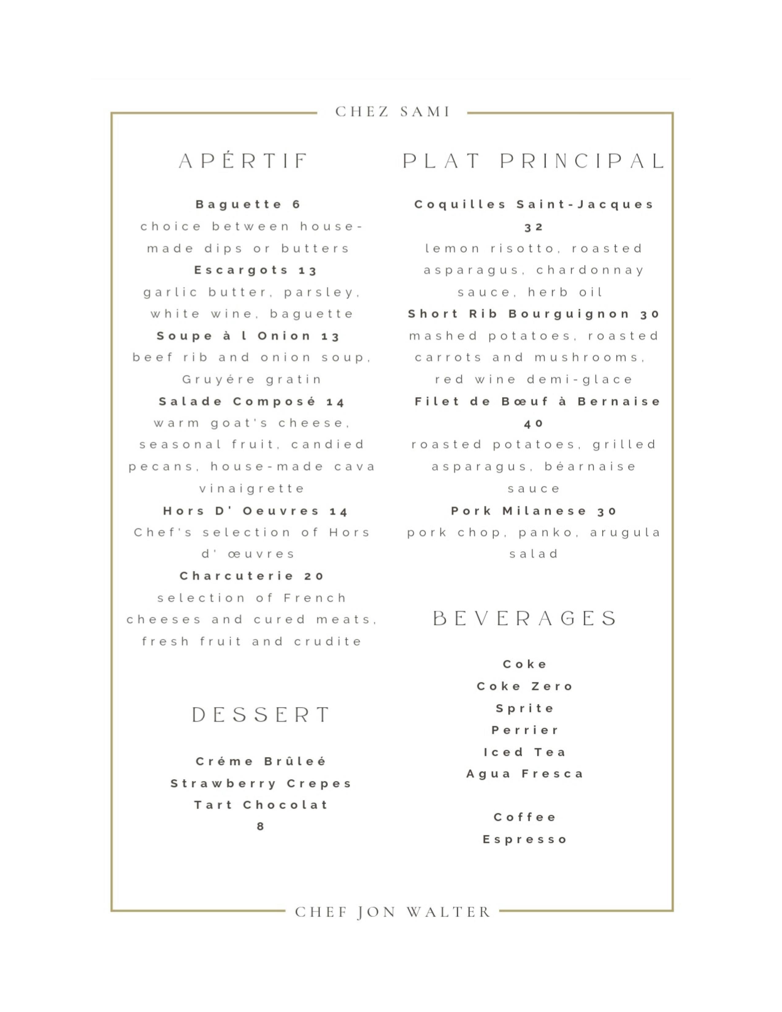 Chez Sami Menu—French Catering & Private Events | Chez Sam LBK